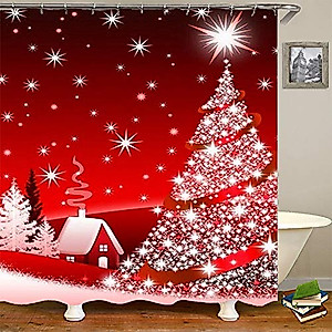 zhangwei Shower Curtains for Bathroom, Christmas Shower Curtain Set for Bathroom, Winter Holiday Festival New Year Shower Curtain Sets with 12 Hooks and Non-Slip Rugs, Bath Mat, Toilet Lid Cover