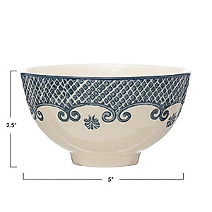 Creative Co-Op Hand Stamped Stoneware Bowl with Pattern, Cream and Blue, Set of 4 Serveware, 5"L x 5"W x 3"H, Blue & Cream