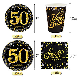 50th Birthday Black And Gold Party Supplies, Disposable Tableware,16 Guest, 50 Years Birthday Decorations For Men,Include Paper Plates, Banner Cups Napkins Tablecloth Cutlery…