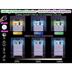 Furnulem 4 Drawer Dresser with Led Light and Charging Station, White Night Stand with Storage Shelf and Fabric & PVC Drawer, 33 Inch Bedside Table, Tall Nightstand for Entryway, Bedroom Furniture