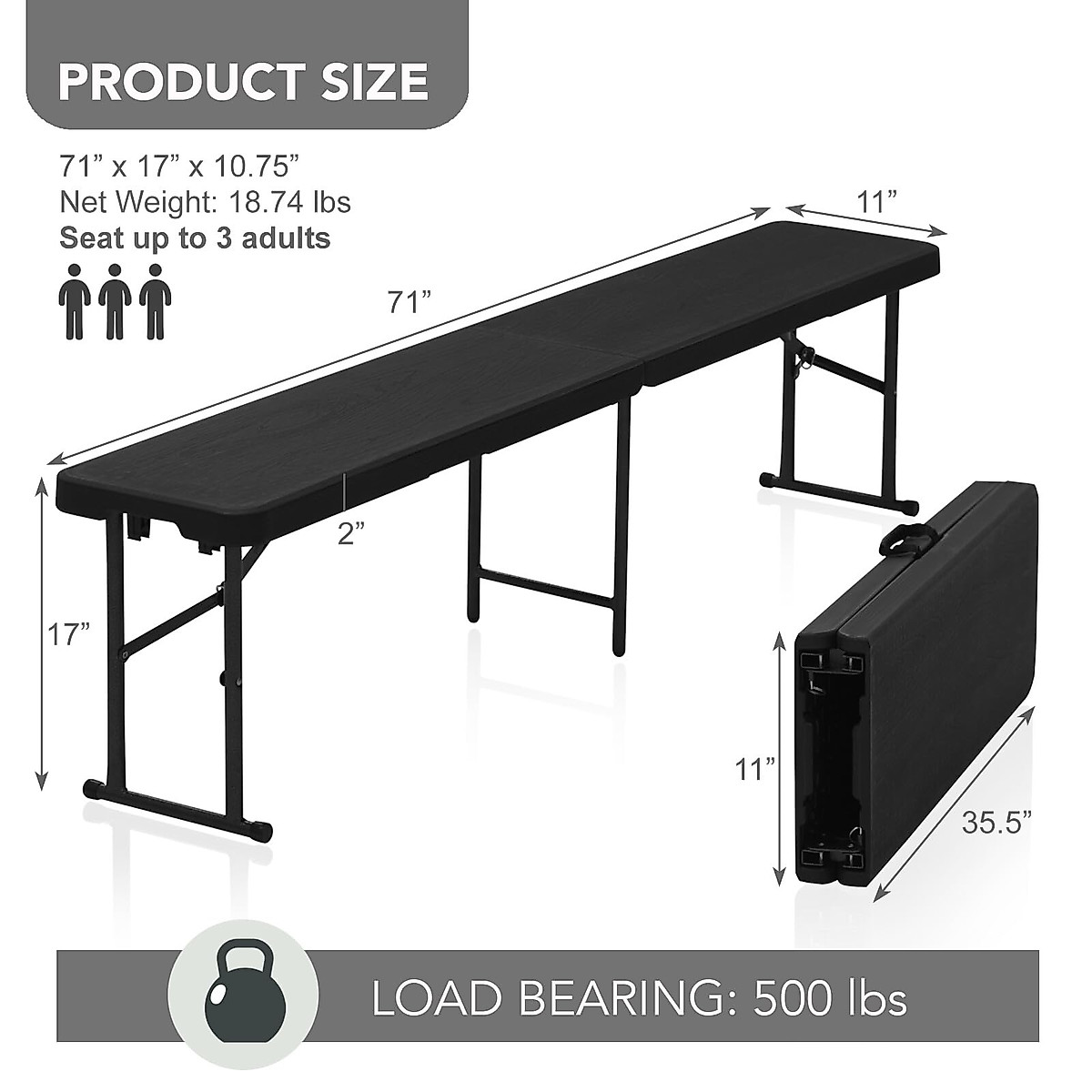 AJP Distributors 2 Pack 6 Foot Portable Plastic Folding Bench 6FT 72" Half Foldable Heavy Duty Seat w/Carry Handle - Indoor Outdoor Backyard Camping Picnic BBQ Party Wedding Dining Event Meeting Black
