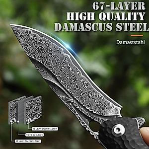 DRACHENADER Damascus Pocket Knife for Men, with Leather Sheath/Clip, 67-Layer Damascus Steel Pocket Knife Handmade Quick Release- Vg10 Steel Core Ebony Handle, Ideal Gift, Black