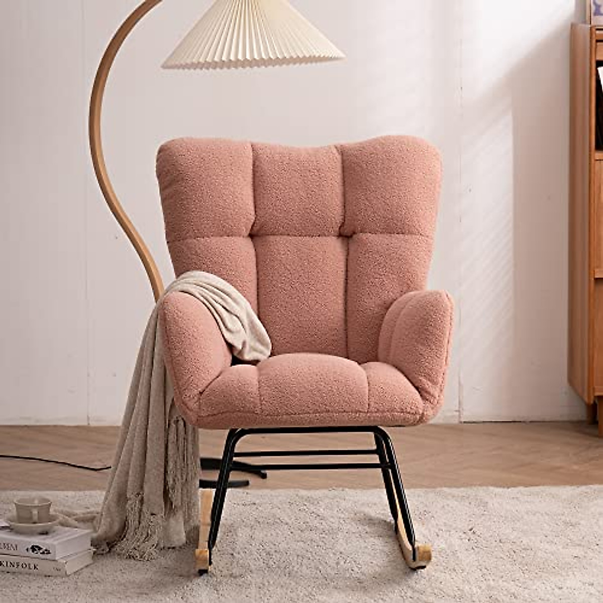 Krinana Teddy Fabric Nursery Rocking Chair, Rocker Armchair with Solid Wood Legs, Glider Chair Nursery with High Backrest for Living Room Apartment (Teddy Fabric,Pink)
