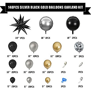 Amandir 148PCS Black and Gold Balloons Garland Arch Kit, 18''12''5'' Silver Metallic Gold Black Confetti Starburst Balloons for Men Birthday 2023 Graduation Decorations Black and Gold Party Supplies