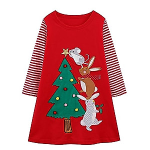 Toddler Girl Christmas Dress Long Sleeve Cotton Casaul Red Applique Playwear Shirt Jersey Party Dresses 4T