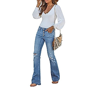 Utyful Women's High Waist Button Fly Ripped Jeans Stretchy Flare Denim Jeans Bell Bottom Pants Button Fly- Light Blue Medium