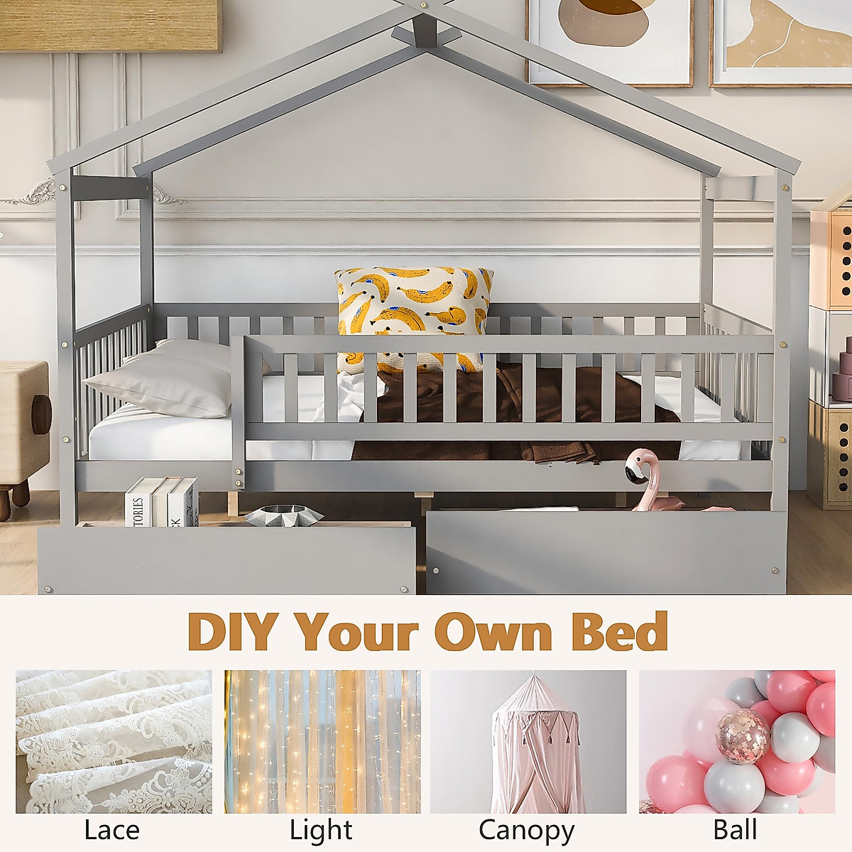 HUMEHA Full Size Bed Frame for Kids, Wood House Bed with 2 Drawers, Montessori Platform Bed with Roof and Fence for Boys Girls, Gray, 79.5''L x 57''W x 62.9''H