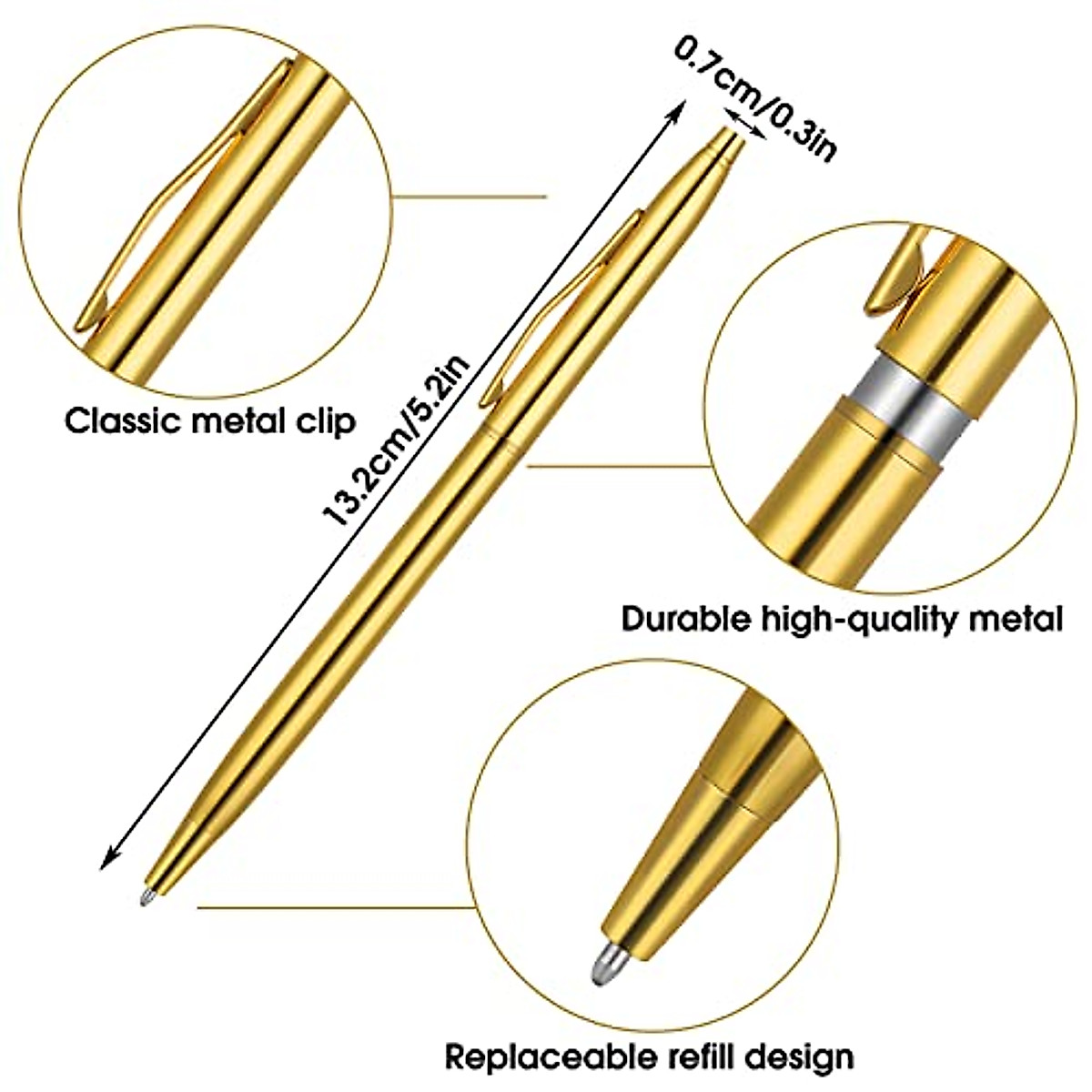 TIESOME Ballpoint Pens, 3 Pack Slim Stainless Steel Metallic Retractable Pens Black Ink 1 mm Nice Gift for Business Office Students Teachers Wedding Christmas (Gold)