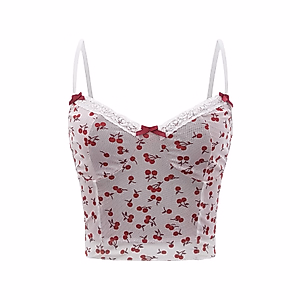 SOLY HUX Women's Cherry Print V Neck Summer Cami Top Bow Lace Trim Sleeveless Summer Crop Tops Red and White L