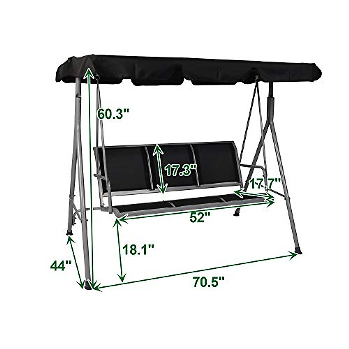 Vilobos Outdoor Patio Swing Chair, 3-Seater Porch Swing Bench with Adjustable Canopy and Duracble Metal Stand, Swing Set for Backyard, Porch and Garden, Black