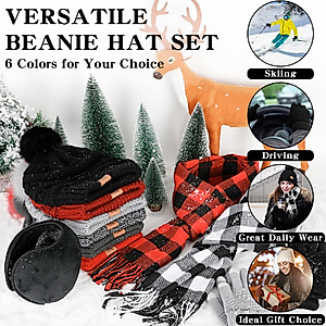 Winter Hat Scarf Gloves and Ear Warmer, Knit Warm Beanie Hat Touch Screen Gloves Long Knitted Plaid Scarf Set Gifts for Women Black