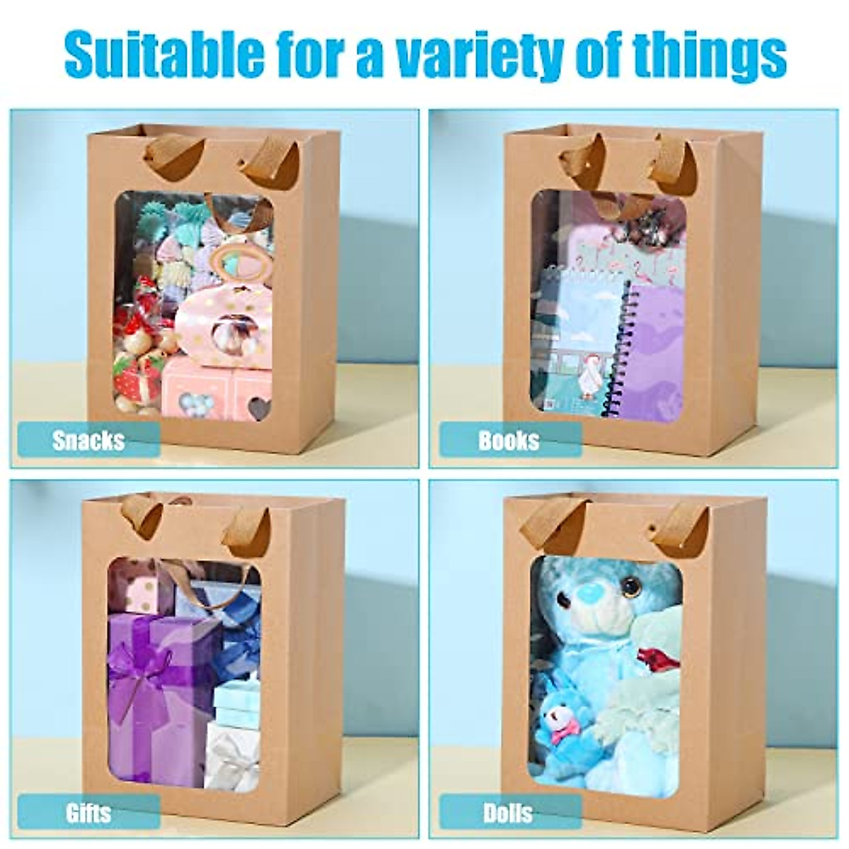 24 Pcs Brown Paper Gift Bags with Transparent Window Kraft Shopping Bags with Handles Clear Brown Gift Bags for Baby Shower Birthday Bridal Wedding Party Anniversary Florist Gift Packing, 7 x 5 Inch
