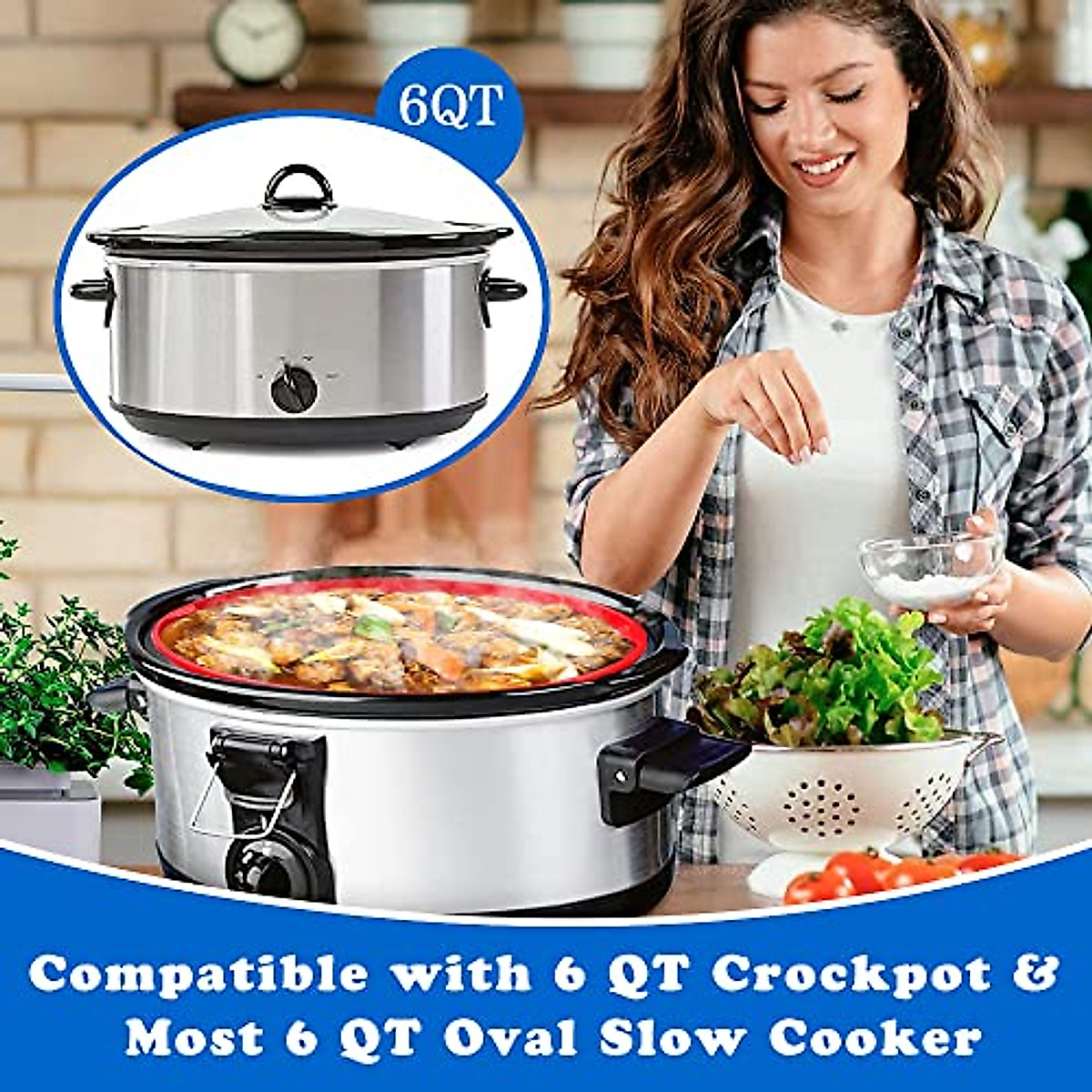 Silicone Slow Cooker Liners fit for 6-7 QT Crockpot, Silicone Slow Cooker Divider Liner, Reusable/BPA Free/Leakproof/Slow Cooker Accessories Cooking Liner for 6-7 Quart Pot - Red