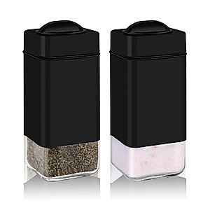 Black Salt and Pepper Shakers by Aelga, Salt Shaker with Adjustable Pour Holes, Glass Salt Pepper Shaker Set, Perfect for Black Pepper, Kosher and Sea Salt