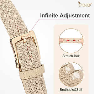 JASGOOD Women Braided Woven Elastic Stretch Belt Men Web Casual Belt for Pants Jeans(Beige,Gold Buckle,Fit Pant Size 26-31inch)