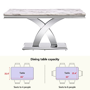 AUZ Dining Table, 65" Rectangular Modern Kitchen and Dining Room Table with Silver Double X Base in White Silver