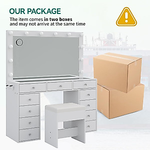 Yanosaku Vanity Desk & Power Outl, Makeup Vanity with Mirror and 12 LED Lights, Makeup Table with 11 Drawers, Vanity Table with Chair，Vanity Set 3 Lighting Modes Brightness Adjustable-(White)