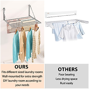 Bigzzia Wall Mounted Clothes Drying Rack, 24Inch Foldable Stainless Steel Drying Rack Clothing, 50 LB Capacity, Space Saver Laundry Rack with 8 Hanging Rods -Silver