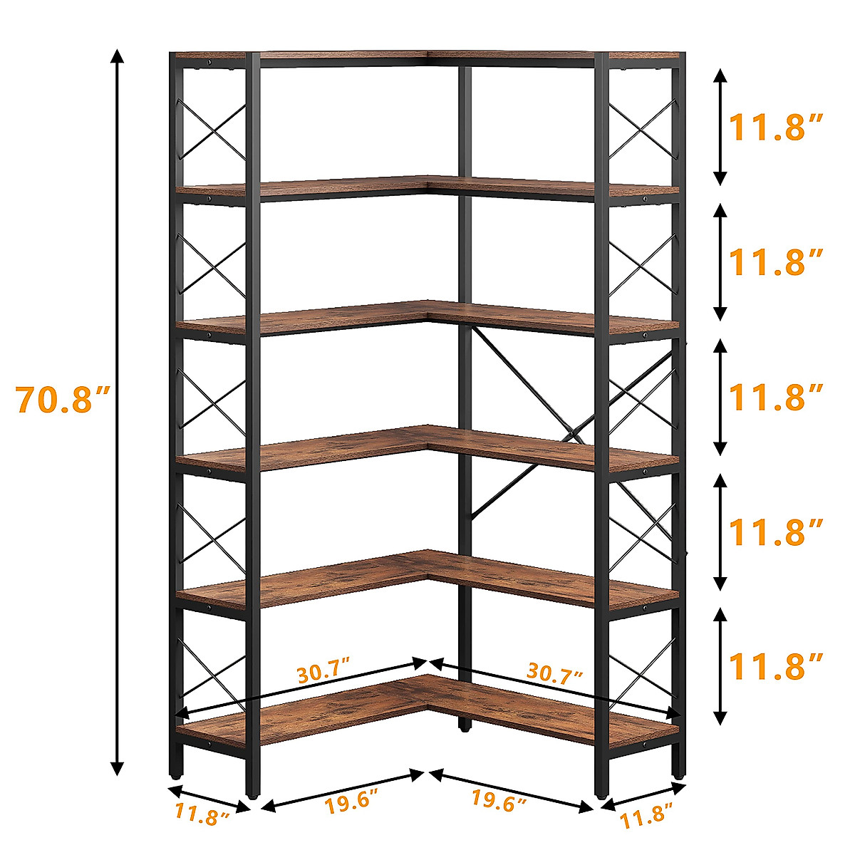 Jartoil Corner Bookshelf 6-Tier, Tall Book Shelf L-Shaped, Large Etagere Bookcase Industrial Style with Metal Frame for Home Office Shelves