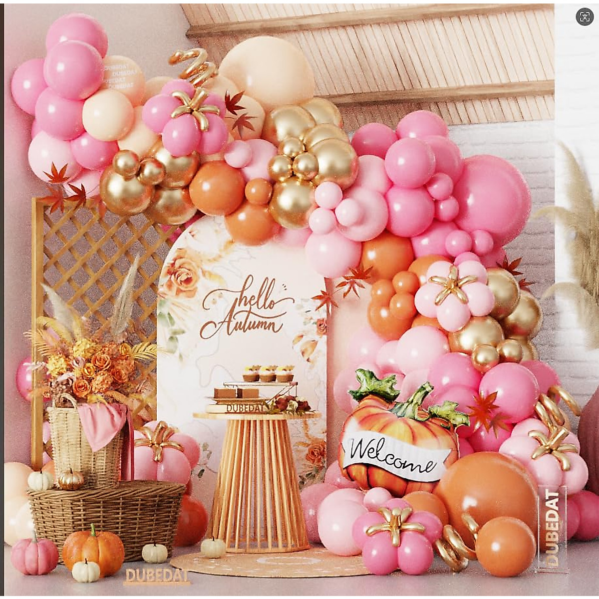 Fall Balloons Garland Arch Kit, 142Pcs Orange Pink Hotpink Nude Gold Balloons with Pumpkin Mylar Balloon for Hello A Little Pumpkin Baby Shower Autumn Birthday