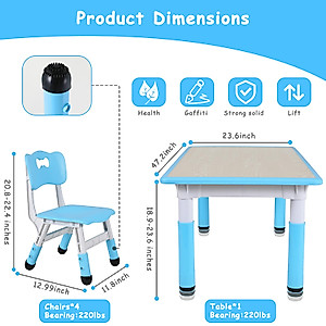 Arlopu Kids Table and 4 Chair Set, Height Adjustable Toddler Table and Chair Set, Non-Slip Legs, Graffiti Desktop, Large Children Activity Table, Reading Daycare Classroom Home (Blue)