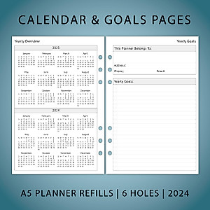 2024 Planner Refills - Weekly and Monthly Appointment Book Inserts, Tabbed, 6 Holes, A5 Size