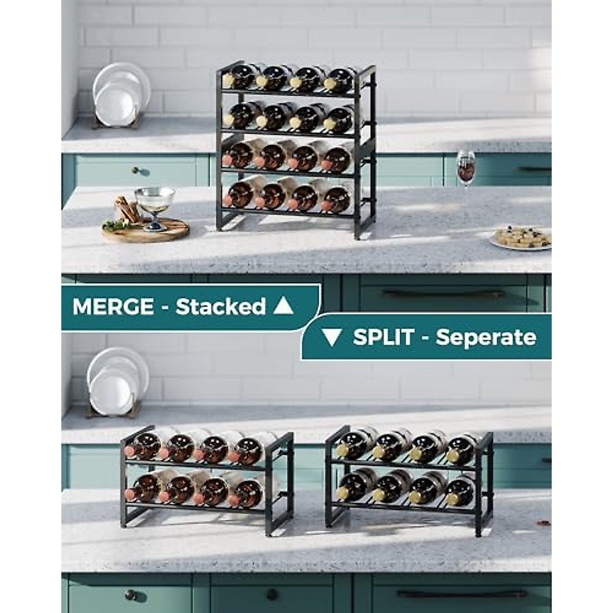 OROPY Wine Rack Countertop, 16 Bottle Wine Racks for Wine Bottles Storage Display, 4 Tier Metal Wine Holder Free Standing Floor Black