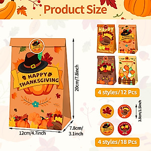 12 PCS Thanksgiving Gift Bags, Turkey Themed Paper Bags with 18 Stickers, Harvest Fall Goodie Bags Favors, Festive Pumpkin and Leaves Design, Treat Bags for Thanksgiving Day Autum Party Supplies