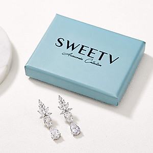 SWEETV Marquise Wedding Earrings for Women Brides Birdesmaids, Silver Crystal Cubic Zirconia Bridal Drop Earrings for Wedding Prom Jewelry