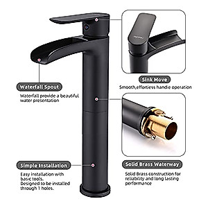 NEWATER Vessel Sink Faucet Brass Waterfall Spout Bathroom Faucet Tall Body Single Hole One Handle Bathroom Sink Faucet Commercial Faucet for Bathroom Sink Vanity Faucet with Supply Lines，Matte Black
