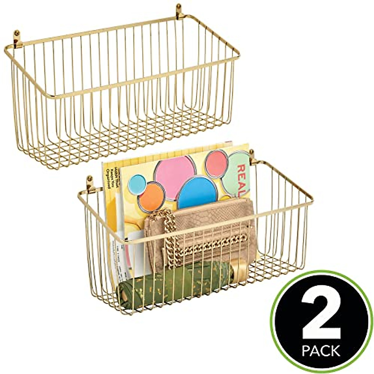 mDesign Portable Metal Farmhouse Wall Decor Angled Storage Organizer Basket Bin for Hanging in Kitchen/Pantry - Store Plastic Bags, Foils, Oils, Sandwich Bags - 2 Pack - Soft Brass