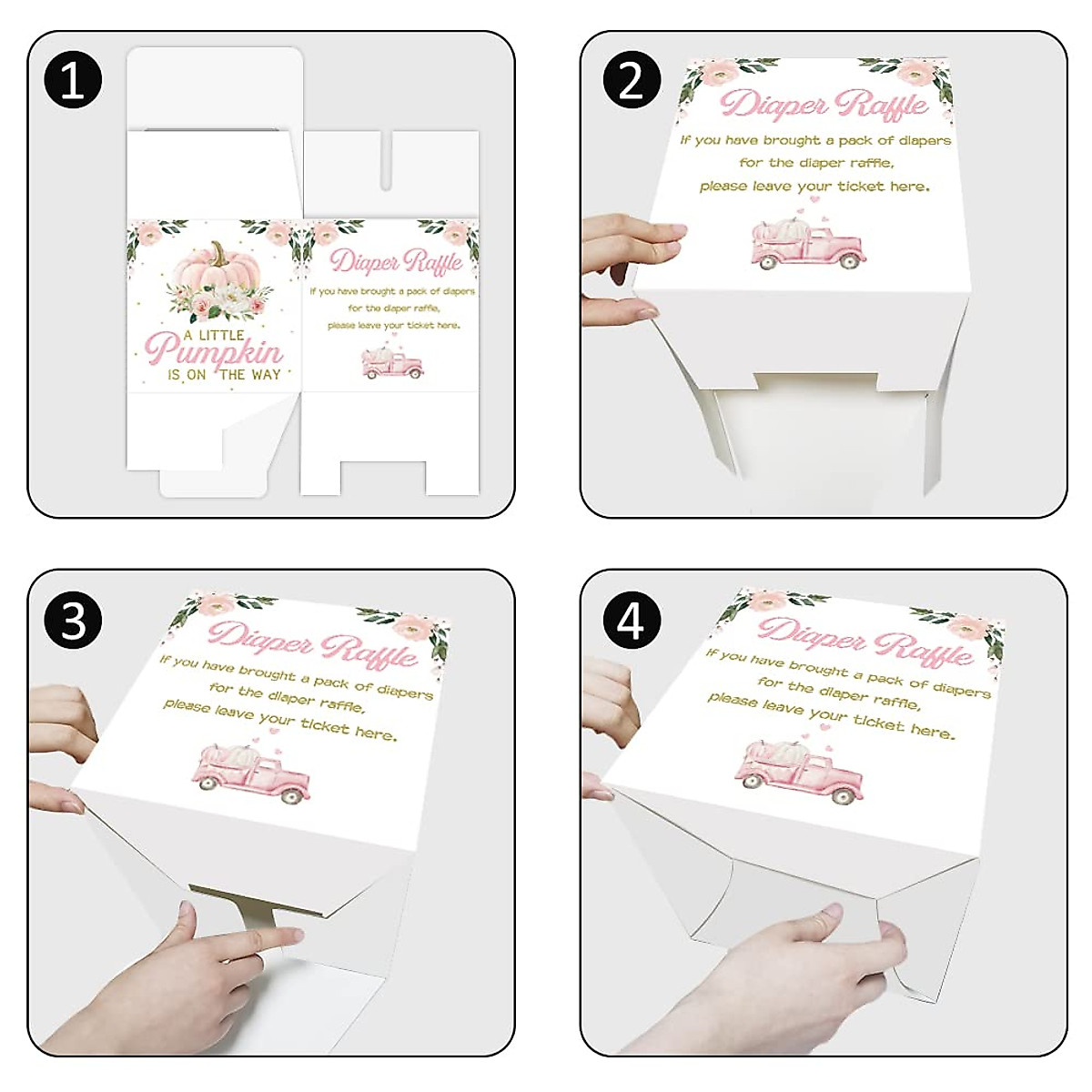 Diaper Raffle Card Box with 50 Pcs Pumpkin Diaper Raffle Tickets, Autumn Floral Pumpkin Diaper Raffle Card Box for Baby Shower Games Gender Reveal Party Invitation Insert Card Game (Pink)