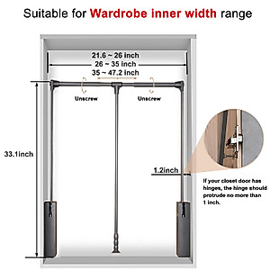 Pull Down Closet Rod for Hanging Clothes, Retractable Wardrobe Hanger for Cabinet Inside Width 26"~35", Aluminium alloy Tubing with Plastic Housing, 44 lb Weight Rating
