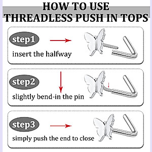 Staligue 12pcs Threadless Push in Nose Rings 20g L Shaped Dangle Push in Nose studs Stainless Steel Pushin Nose Screw Studs For Women L Shaped Screw Studs Flower Heart Nose Push in Piercing Jewelry