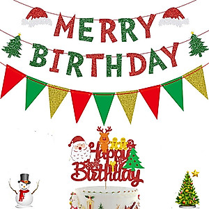 Christmas Birthday banner Merry Birthday Christmas Banner Decorations Red Green Glitter Christmas Xmas Tree Decorations Birthday Cake Toppers Decoration Baby Shower Vacation Holiday Party Decorations