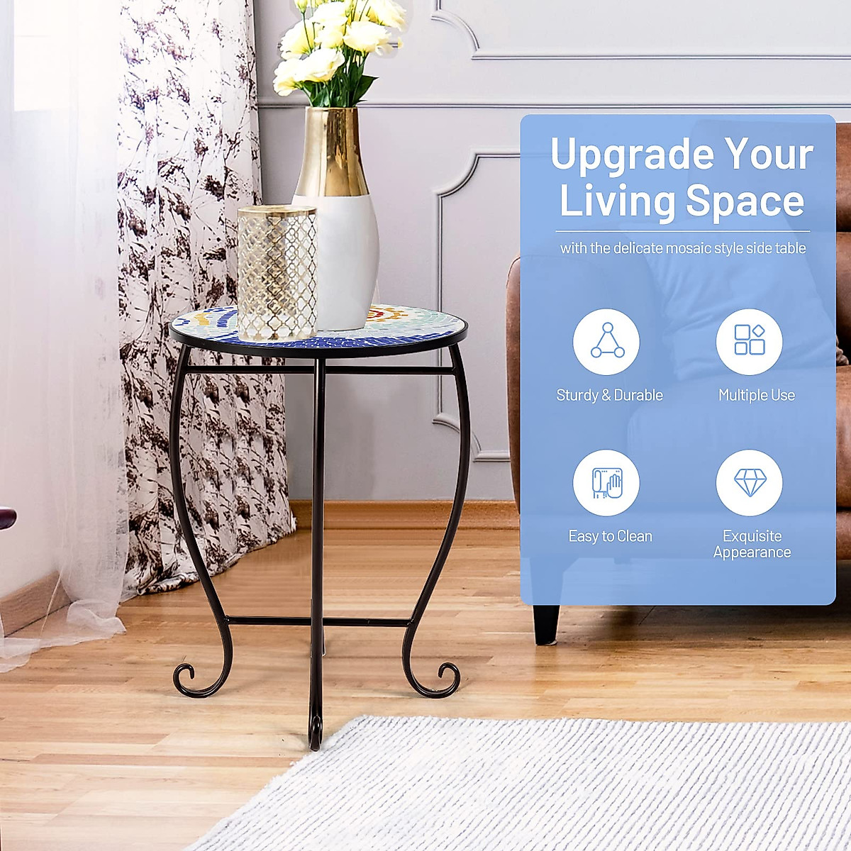 S AFSTAR Mosaic Patio Table, 21”H x 14”Dia Round Plant Stand Coffee Table, Mosaic Outdoor Side Table, Patio Bistro Table, Outdoor Side Tables, Mosaic Plant Stand for Books Coffee Potted (Navy)