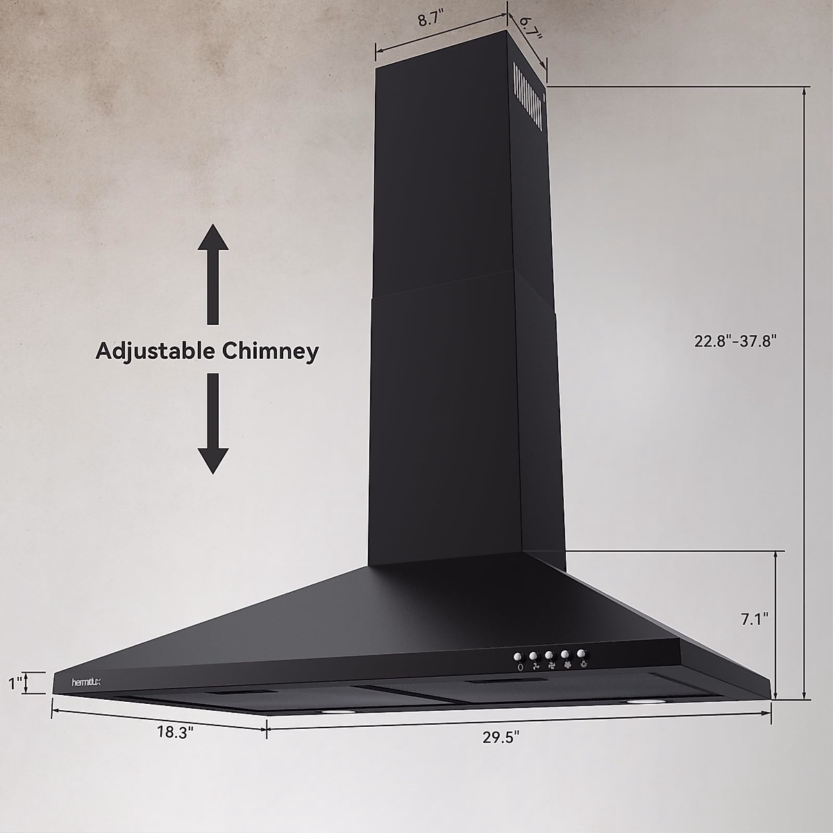 Hermitlux Range Hood 30 inch, Wall Mount Vent Hood for Kitchen with Charcoal Filter, Ducted/Ductless Convertible, Black