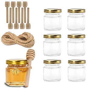 Rormket 1.5oz 6Pack Mini Glass Hexagon Jars Gold Lids, Bee Charms Honeybee Pendant, Honey Dipper Sticks, Jute Tag String，Wedding Baby Show Thank You Party Favors Gifts, Crafts Canning Glasses Jar