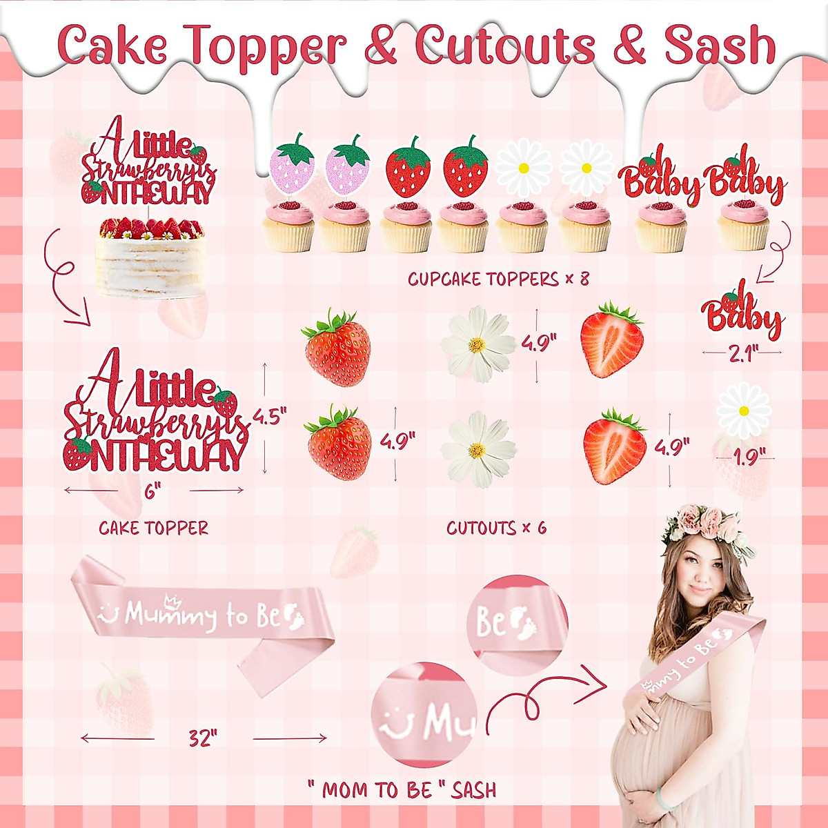 147pcs Strawberry Baby Shower Decorations Kit, A Berry Sweet Baby is on the Way Decorations Supplies, Strawberry Backdrop Tablecloth Balloon Cake Cupcake Topper Box Sash Banner for Baby Shower Girl