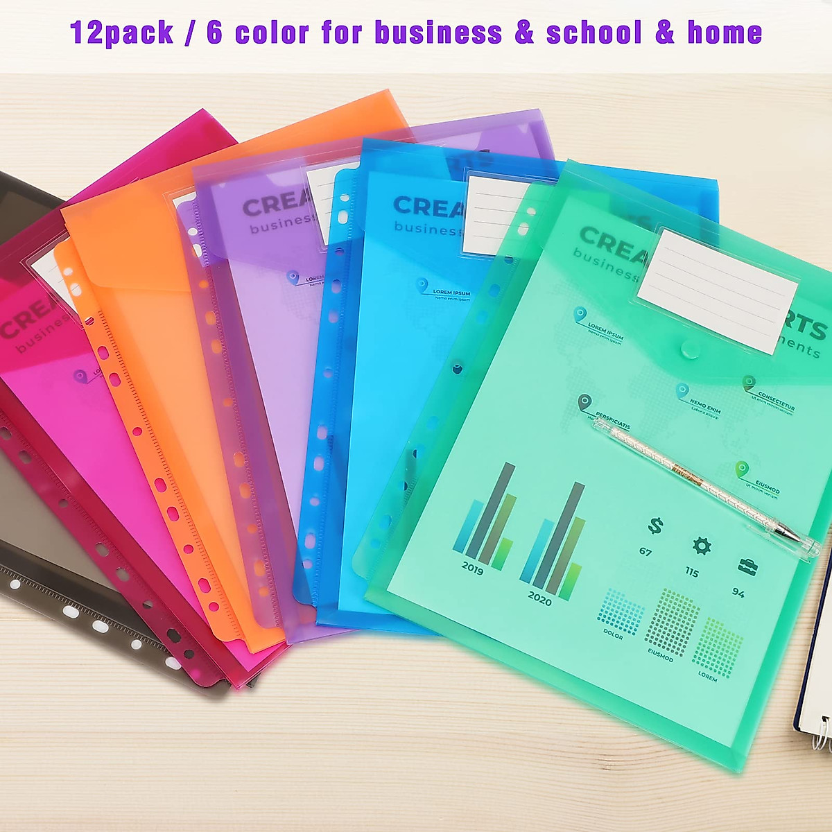 NatureTouch 12Pcs Binder Pocket, Clear Binder Organizer File Folders for 3 Ring, A4 / Letter Size Poly Document Envelopes Pouch with Snap Closure & Label for School Office Supplies,Matte&Solid