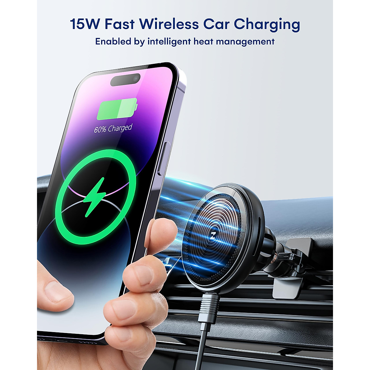 Magnetic Wireless Car Charger Mount, Mag-Safe Compatible Car Mount Wireless Charger, Dashboard & Air Vent Car Phone Mount Compatible for iPhone 15 14 13 12 Pro Max Mini etc