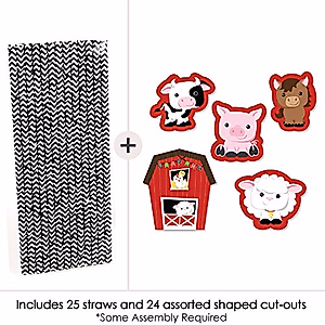 Farm Animals Paper Straw Decor - Baby Shower or Birthday Party Striped Decorative Straws - Set of 24