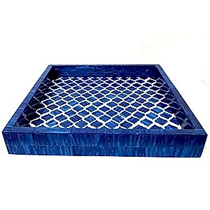 A Bone Exotic Designer Handmade Tray Kitchen Usage Coffee Table Top Drinks Serve Trays Vintage Square Blue Tray,12X12, Blue & White