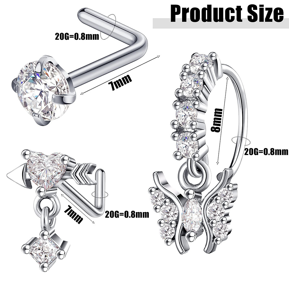 Trnayi 48 Pcs Dangle Nose Rings for Women Nose Piercings Jewelry with Charm L Shape Nose Studs Hoops Stainless Steel Indian Nose Rings for Women(Silver)