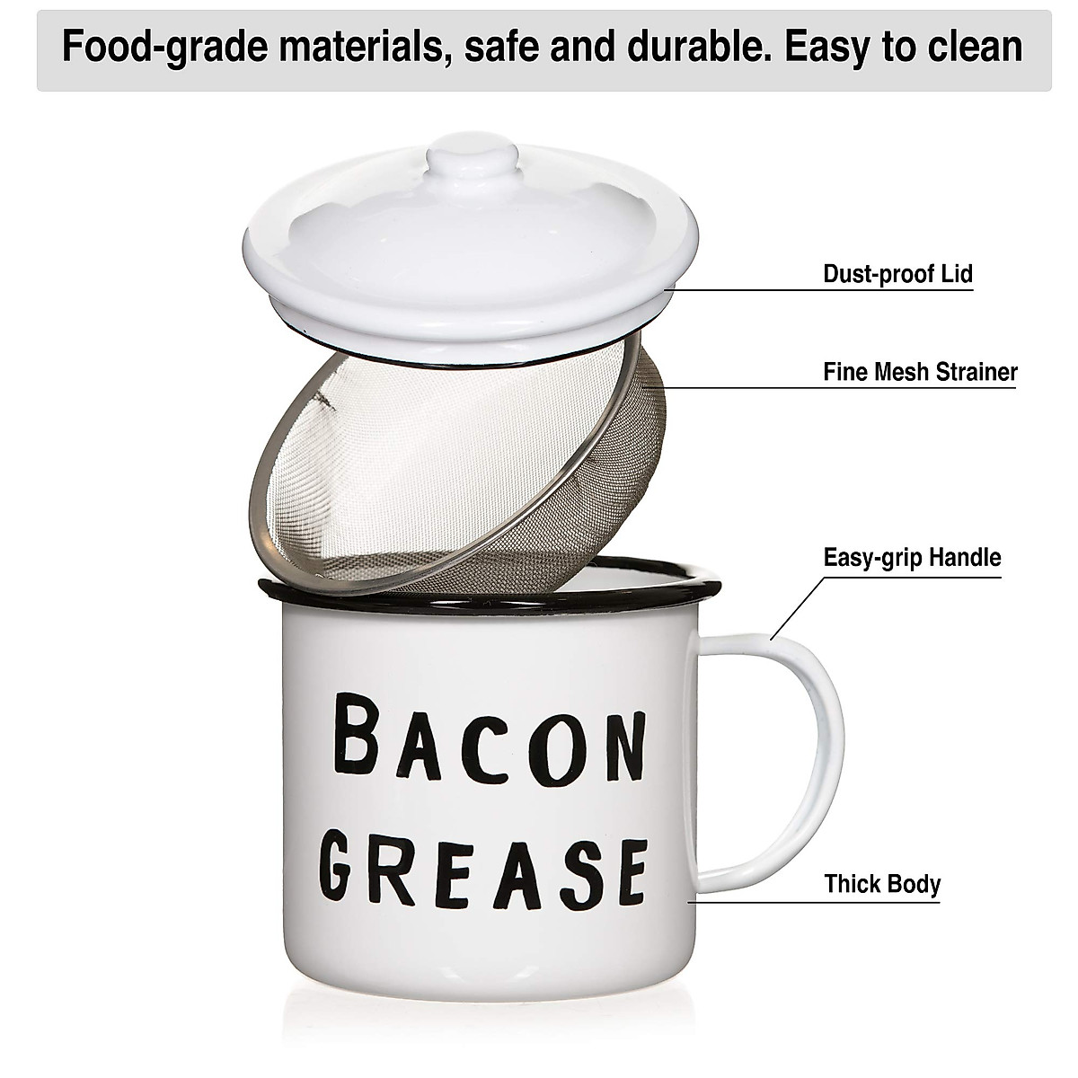 Bacon Grease Container with strainer - rustic mid-century modern farmhouse design, white enamel on metal, 4 inch x 4 inch vintage enamelware with lid (Black)
