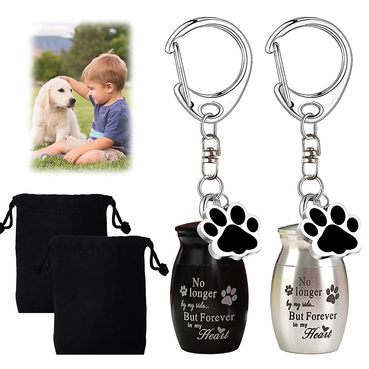 GCVOPTON 2 Pcs Pet Urns Keychain, Stainless Steel Cat Ashes Urn, Small Pet Urns for Dogs Ashes Keepsake, Pet Dog Cat Cremation Jewelry Pend Paw Print Memorial Urn with 2 Black Velvet Storage Bags