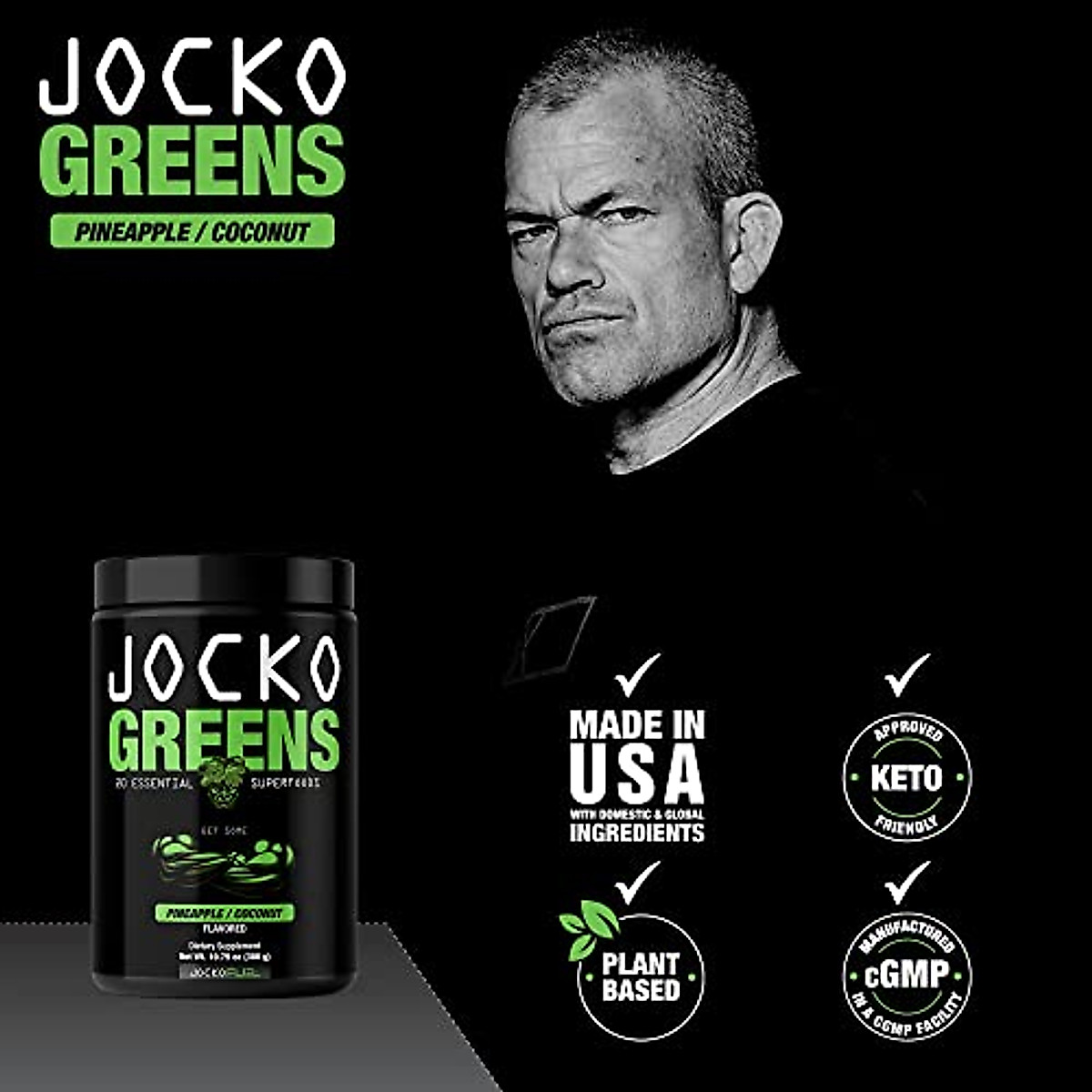 Origin Jocko Greens Powder - Greens & Superfood Powder for Healthy Green Juice - Keto Friendly with Spirulina, Chlorella, Digestive Enzymes, & Probiotics - 30 Servings (Pineapple/Coconut Flavor)