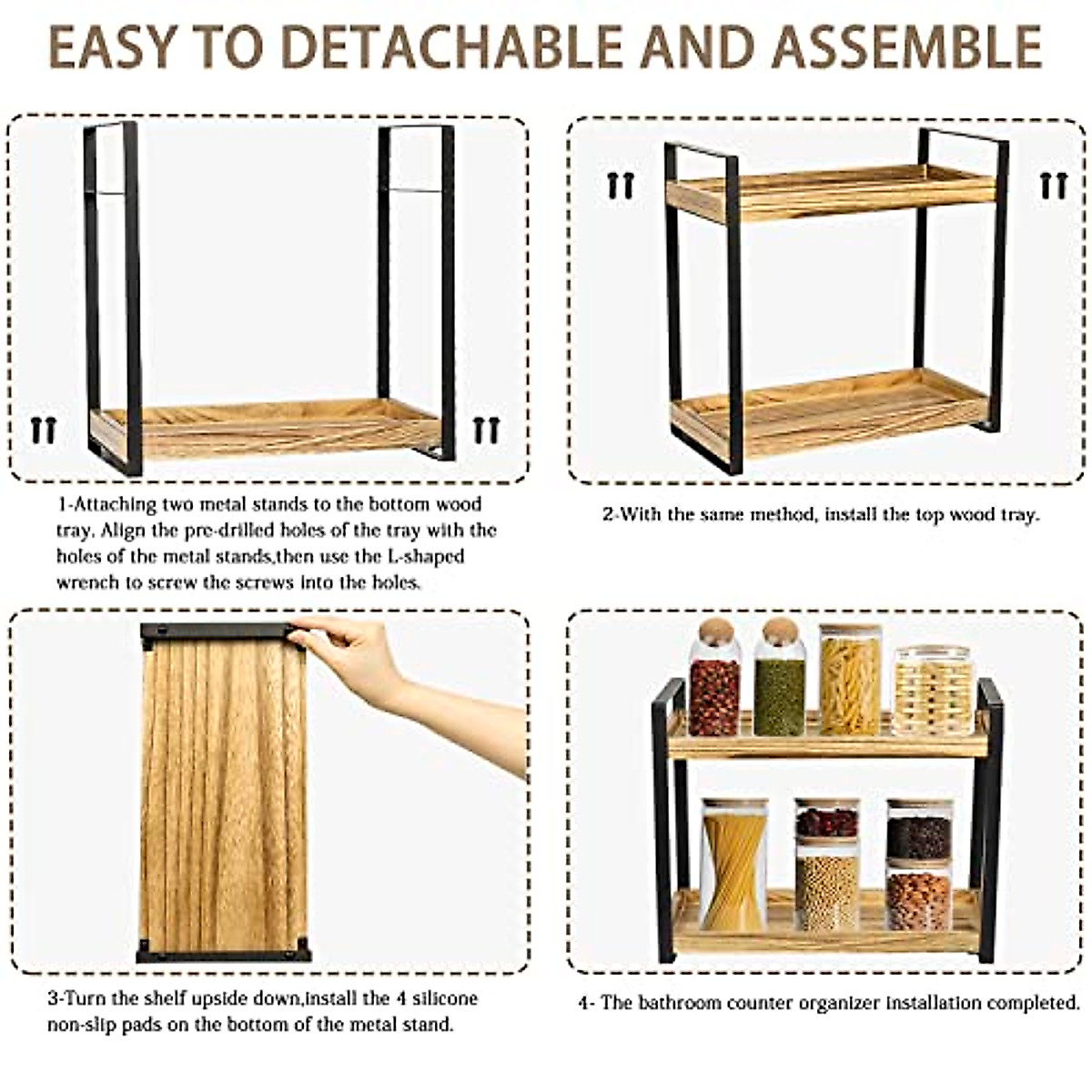 HMSOFTEST 2 Tier Bathroom Counter Organizer, Wood Bathroom Organizer Countertop, Cosmetic Storage Tray Vanity Organizer, Kitchen Snack Spice Rack, Bathroom Sink Organizer, Coffee Station Shelf（Brown）