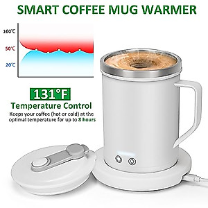 Temperature Control Smart Mug, Self Heating Coffee Mug Electric Coffee Warmer - Rechargeable Battery & USB Power, 131℉, Self Stirring, 8 Hours Auto Shut Off, 11oz (White)