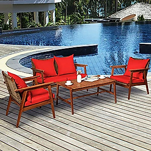 LUKEO 4PCS Patio Rattan Furniture Set Acacia Wood Frame Cushioned Sofa Chair Red Single Sofa